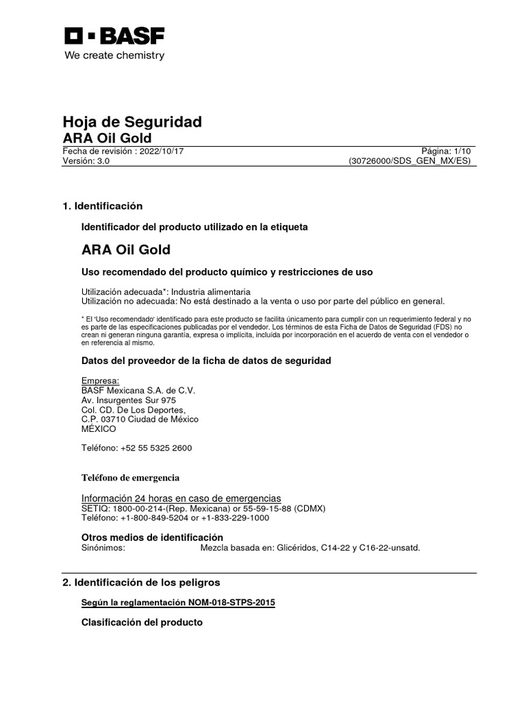 ARA+Oil+Gold 30726000 SDS GEN MX Es 3-0 | PDF | Agua | Toxicidad