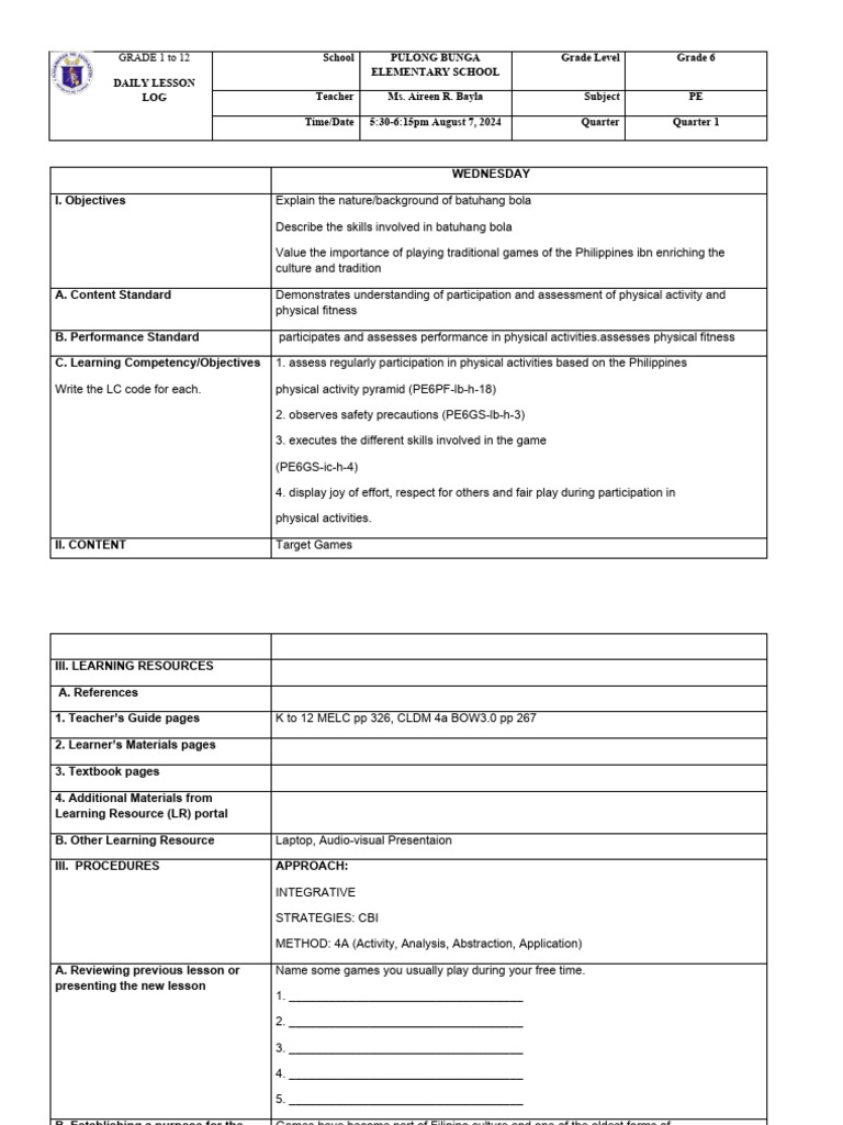 DLL PE 6 Quarter 1 Week 2(Day3) | PDF | Learning