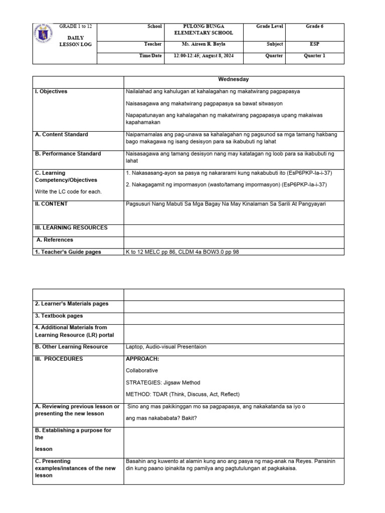 DLL ESP 6 Quarter 1 Week 2 (Day4) | PDF