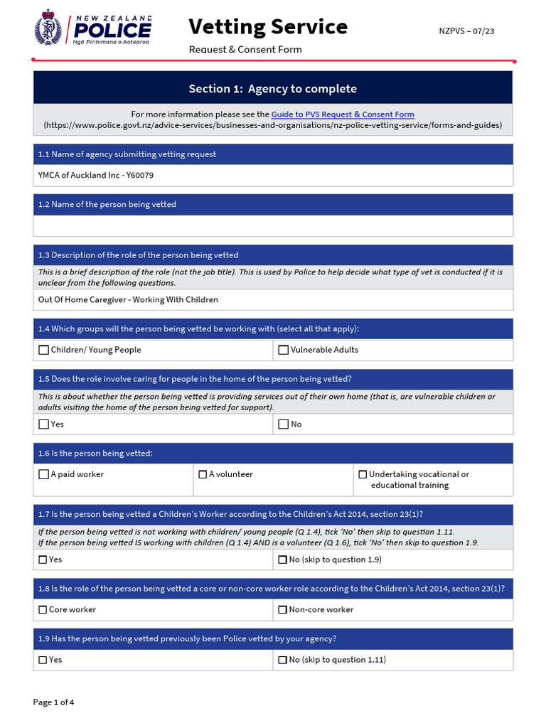 A3b. NZ Police Vetting Request and Consent Form - ECE, OSCAR and Camps ...