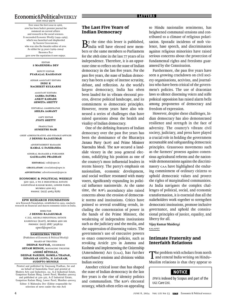 EPW Economic & Political Weekly, Vol 59, No 23, 08 June, 2024 | PDF ...