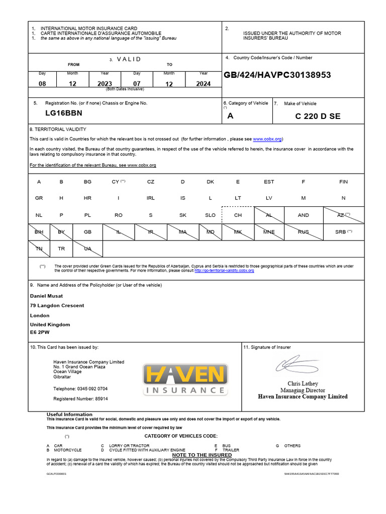 Greencard Document (Auto) v2.0 | PDF | Vehicles | Transport