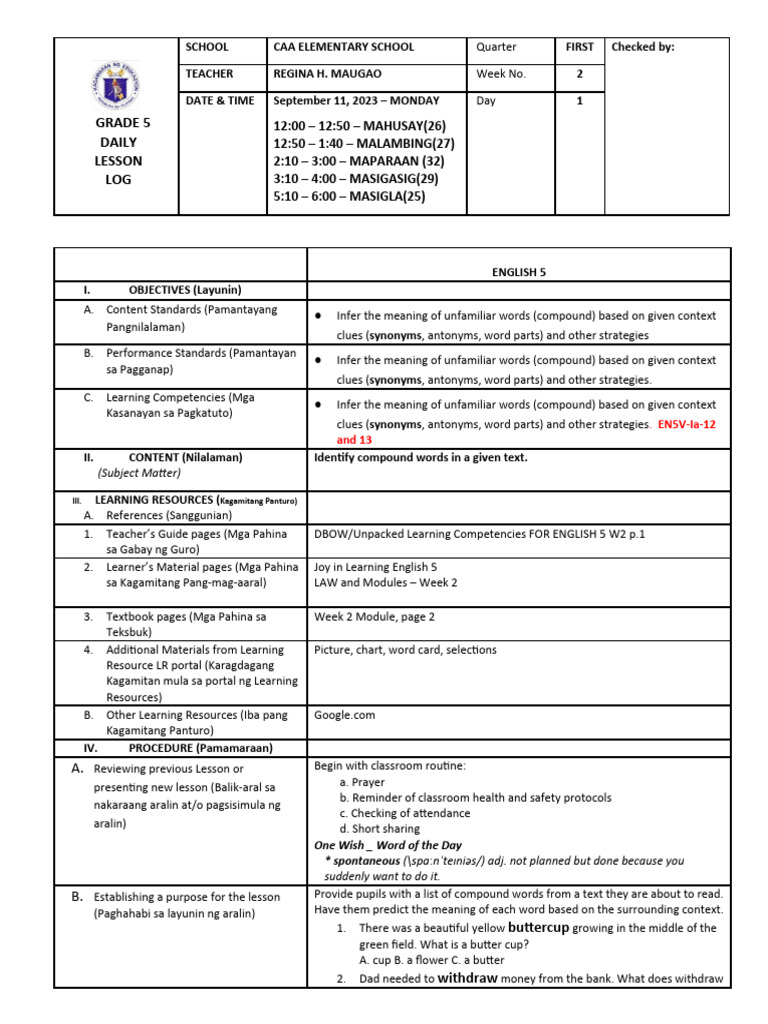 DLL Eng5 Quarter 1 Week 2 | PDF | Word | Learning