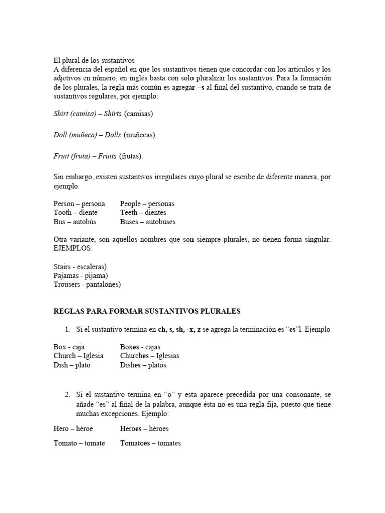 Reglas para formar plurales en inglés | PDF | Mecánica del lenguaje ...