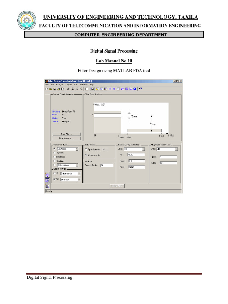 Digital Signal Processing Lab Manual No. 10: Filter Design Using MATLAB FDA Tool | PDF | Filter ...