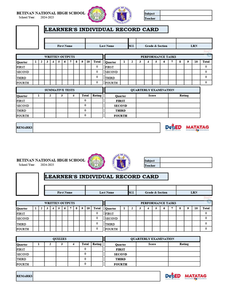 Learner's Individual Record Card (Excel) | PDF