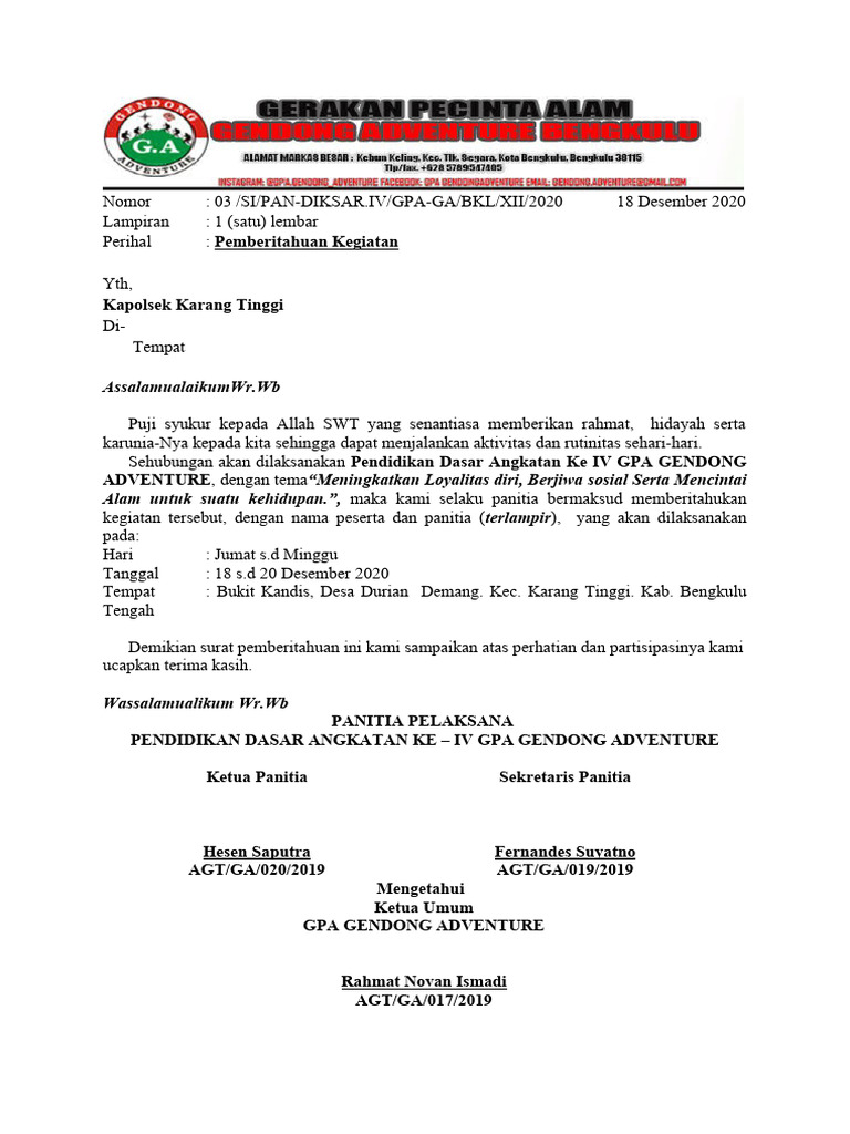 Surat Pemberitahuan Kegiatan Kapolsek | PDF