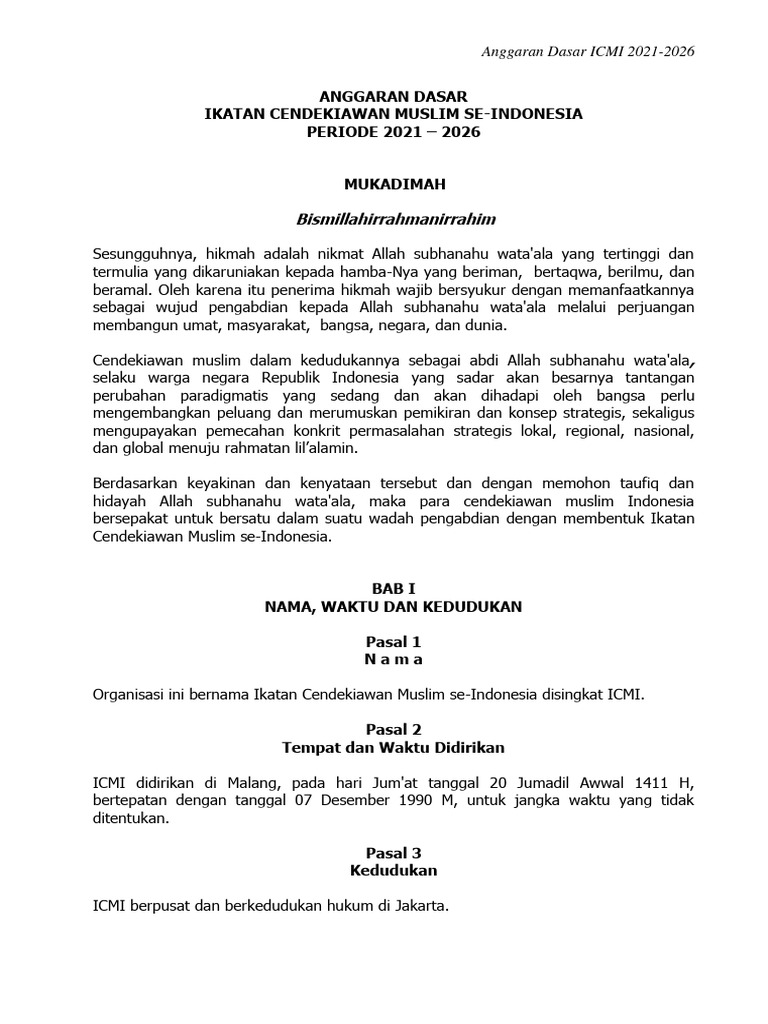 Anggaran Dasar Icmi 2021-2026 Final | PDF | Bisnis