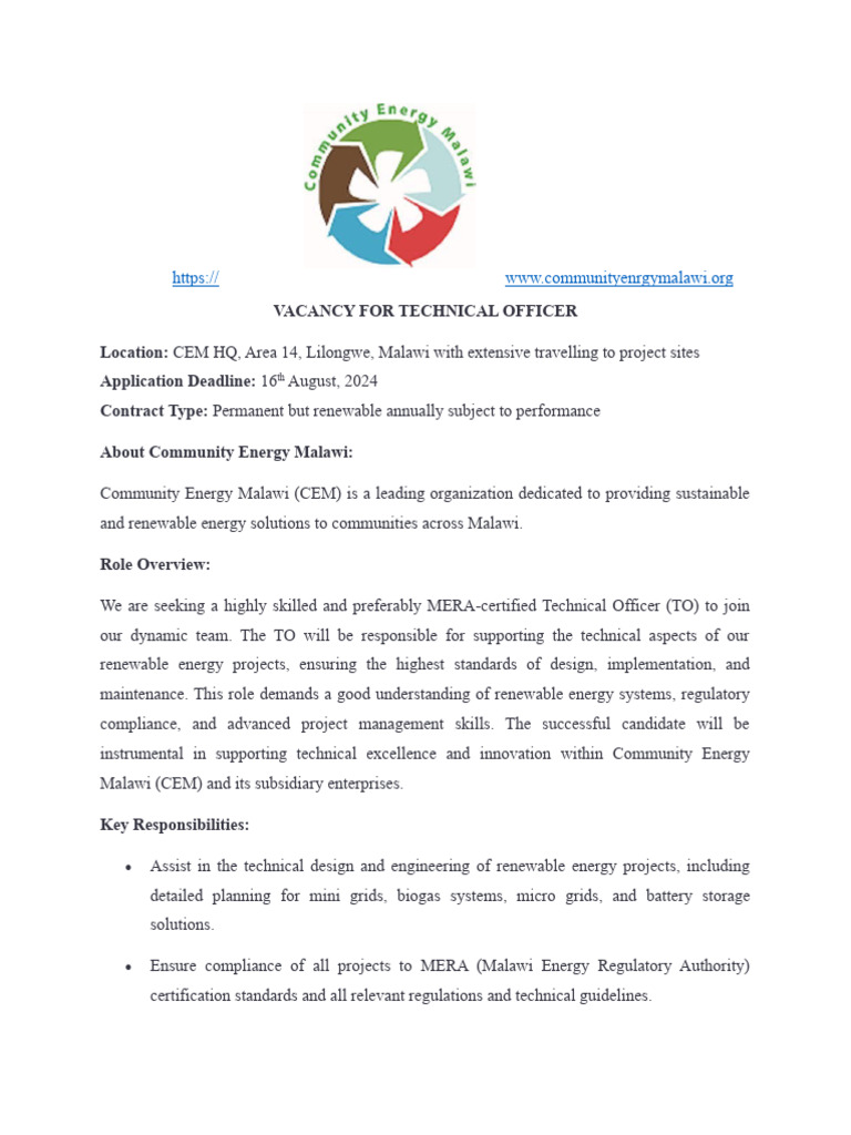 Vacancy For Cem Technical Officer Pdf Regulatory Compliance