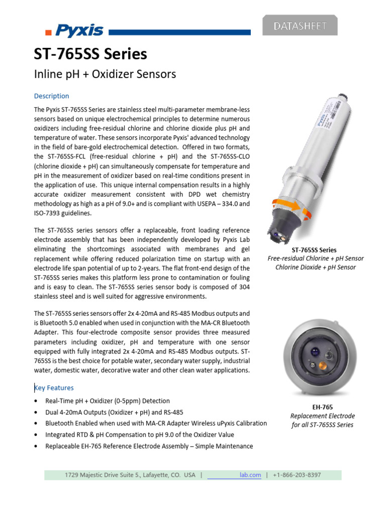 ST-765SS Series PH + Oxidizer Sensor Data Sheet | PDF | Mobile App | Sensor