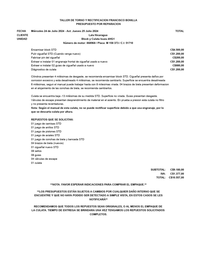 Lala Nic. Act Diag Block y Culata Isuzu 4HG1 - M 158 373 - CI 51710 ...