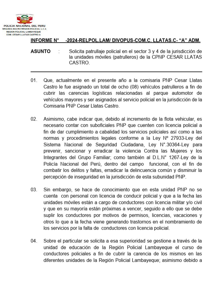 Informe Requerimiento So PNP Licencia Policial | PDF | Policía | Seguridad nacional