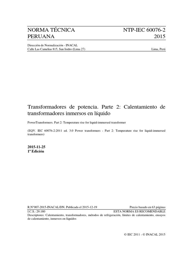 NORMA TECNICA PERUANA NTP 60076-2-2015 Transf. potencia prate 2 CLASE | PDF | Transformador ...
