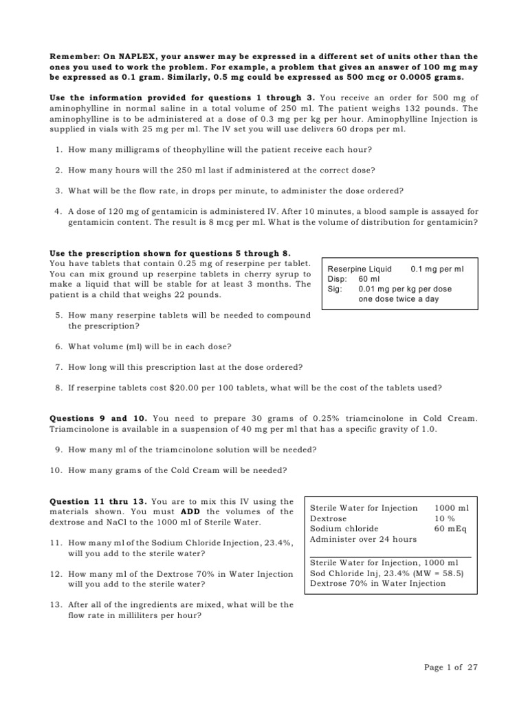 120 Calc Problem Collection | PDF | Sodium | Dose (Biochemistry)