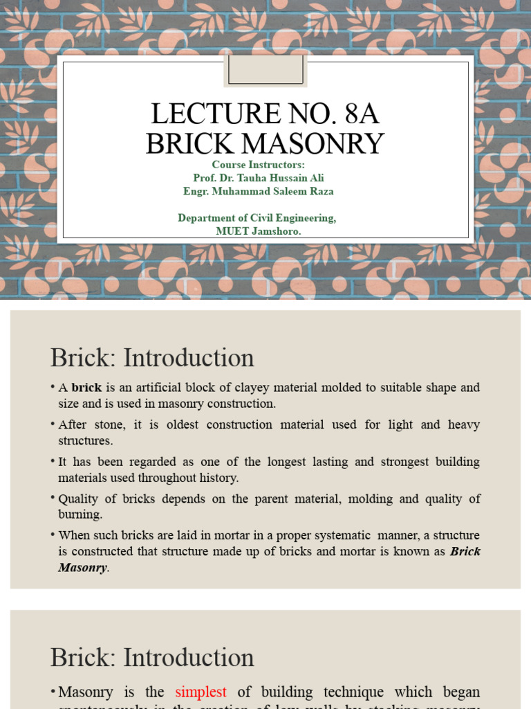 Lecture No. 8 (A) Brick Masonry - Introduction and Technical Terms ...