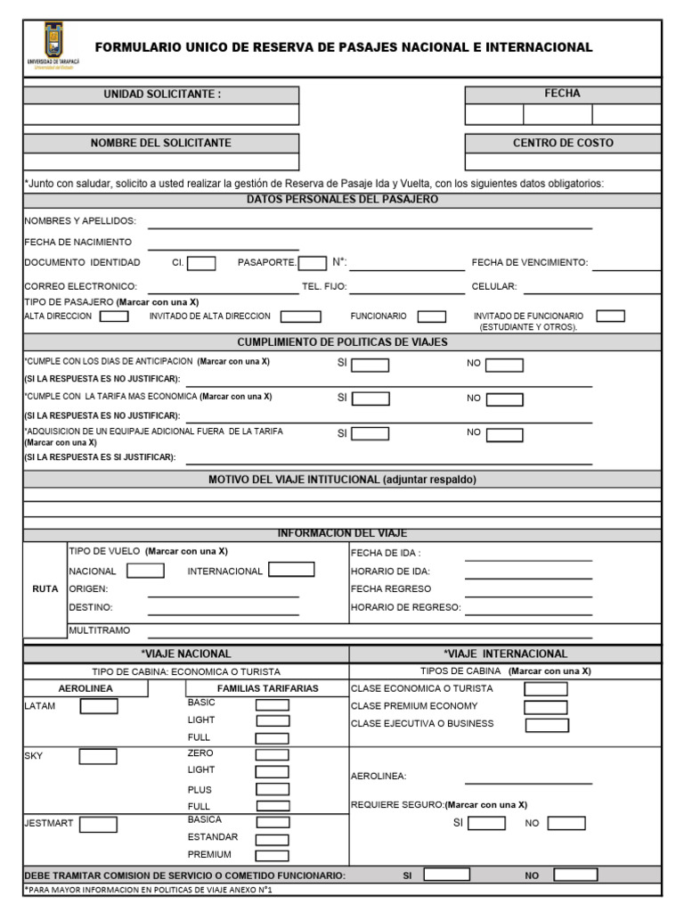 Formulario Unico de Reservas de Pasaje Nacional e Internacional | PDF | Clase de negocios