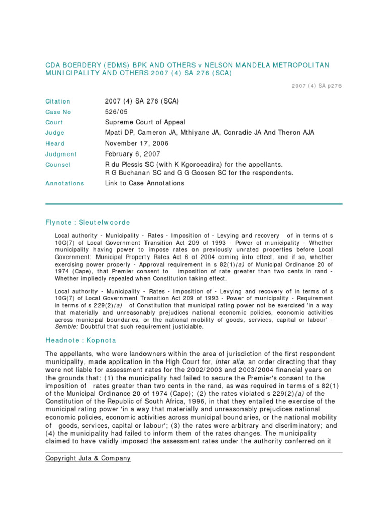 CDA Broedery (Edms) and Others V Nelson Mandela Municipality | PDF ...