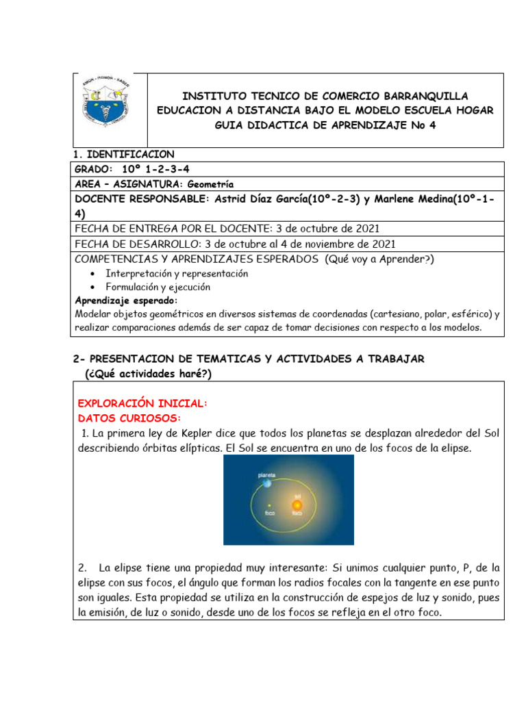 Guía 4 de Gemetria 10º | PDF | Elipse | Geometría Elemental