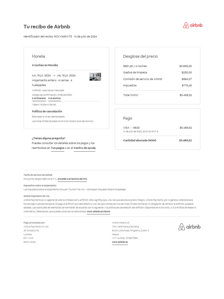 Recibo de Airbnb - 240726 - 210816 | PDF | Airbnb | Economias