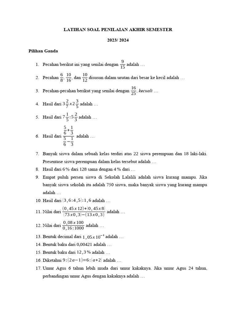 LATIHAN SOAL PAS Ganjil Kelas 7 | PDF