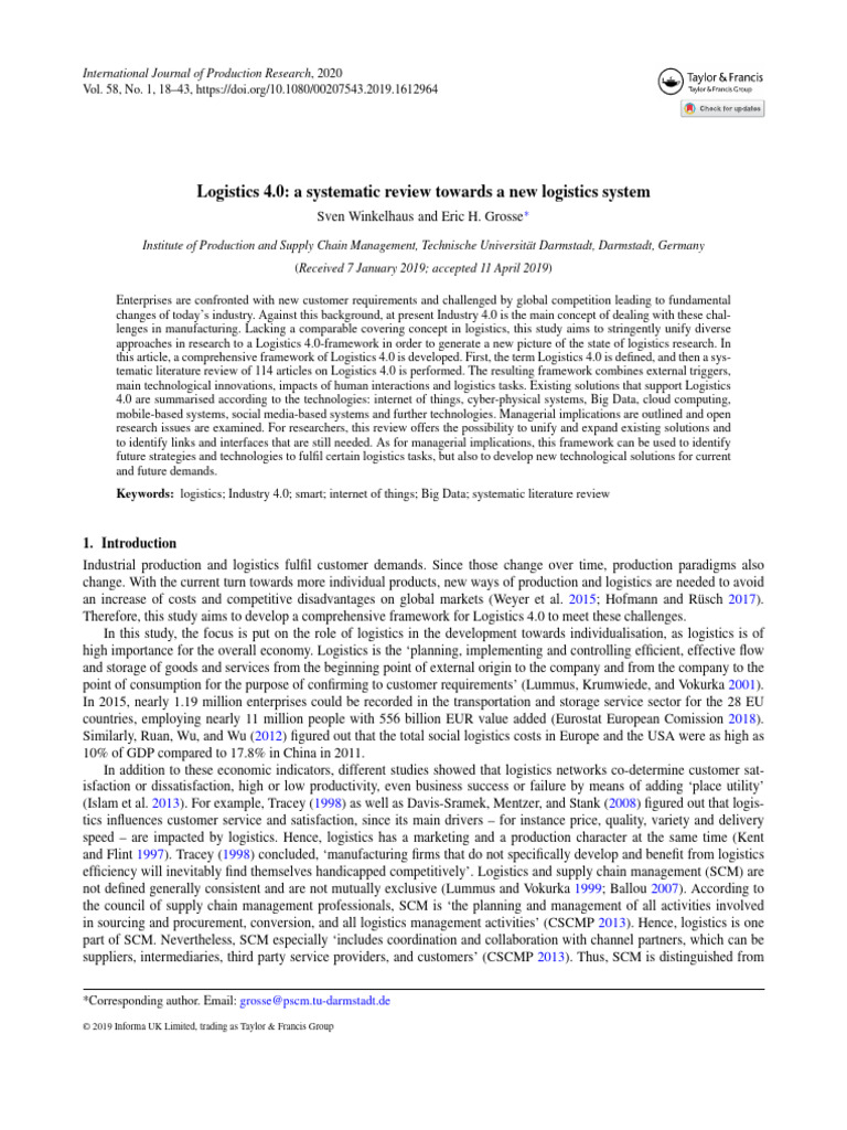 Logistics 4.0 - A Systematic Review Towards A New Logistics System ...