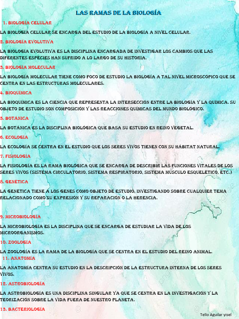 Las Ramas de La Biologia .... | PDF | Biología | Ciencias de la vida