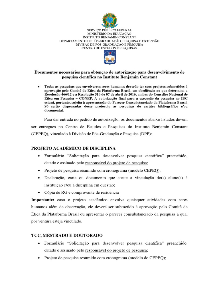 DOCUMENTOS NECESSRIOS PARA DESENVOLVER PESQUISA CIENTFICA 2018 - Verso Definitiva | PDF | Pós ...