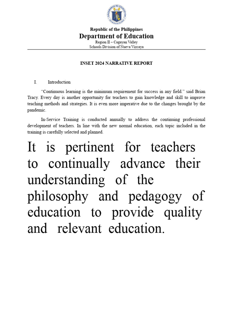 Inset 2024 Narrative Report | PDF | Teachers | Pedagogy