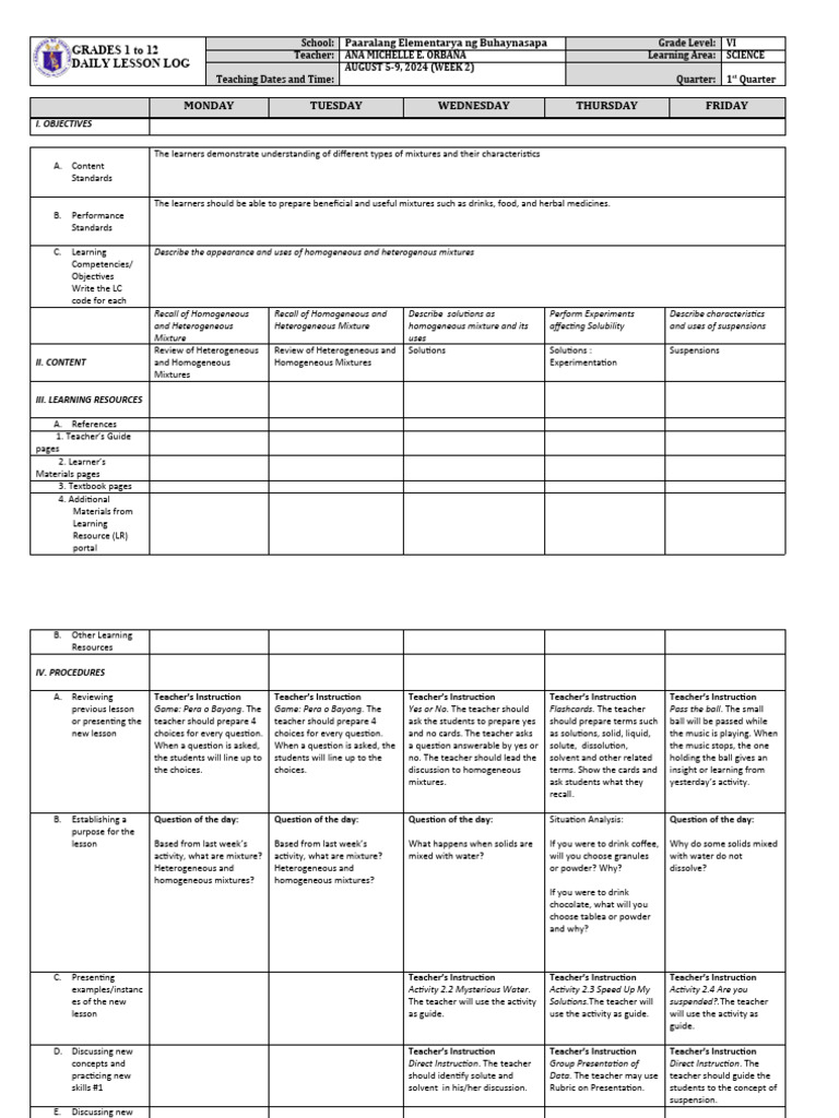 DLL_SCIENCE 6_Q1_W2 | PDF | Mixture | Learning