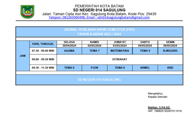 Jadwal Ujian Pas Kelas 6 Tp.2023-2024 (2024) | PDF