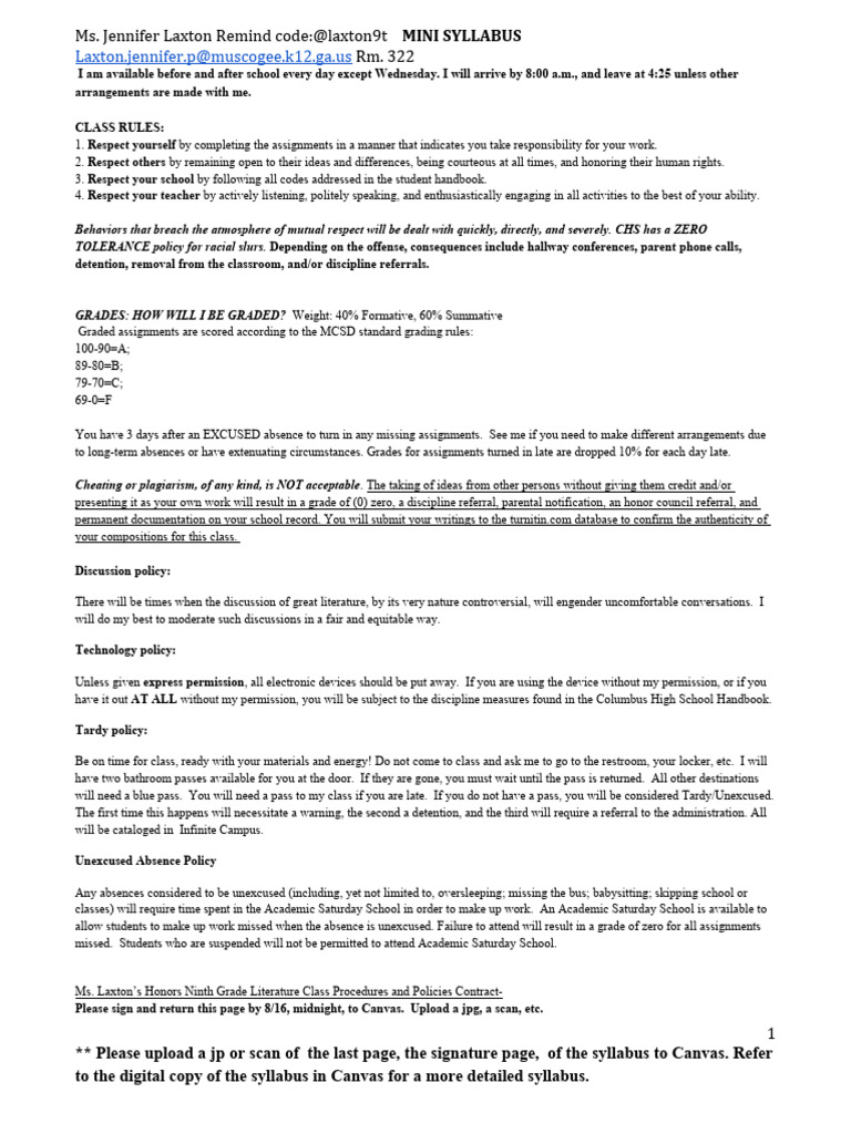 Honors 9th Grade Lit Syllabus | PDF