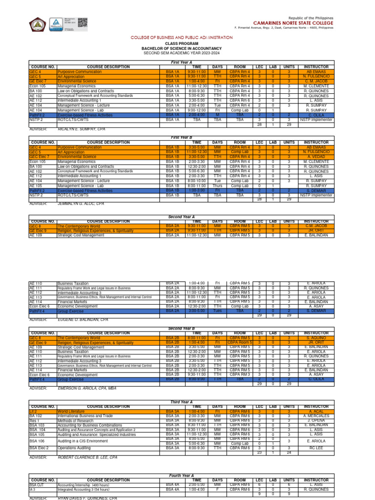CBPA Course Schedule 2023-2024 | PDF | Accounting | Business Economics