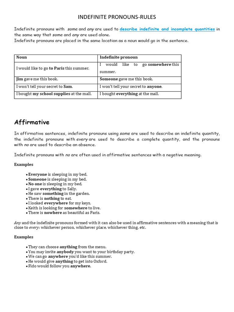 Indefinite Pronouns Usage Guide | PDF | Pronoun | Question