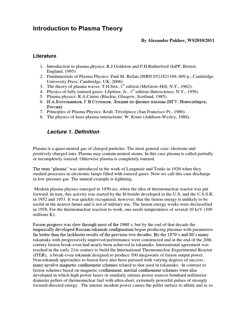 Introduction To Plasma Theory, A Pukhov, 2011, (72p) | PDF | Plasma (Physics) | Nuclear Fusion