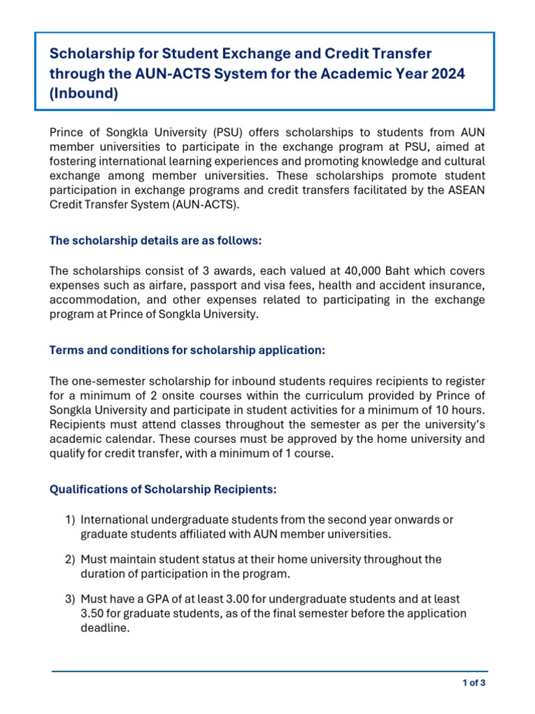 PSU AUN-ACTS Scholarship Announcement 2024 | PDF | Course Credit