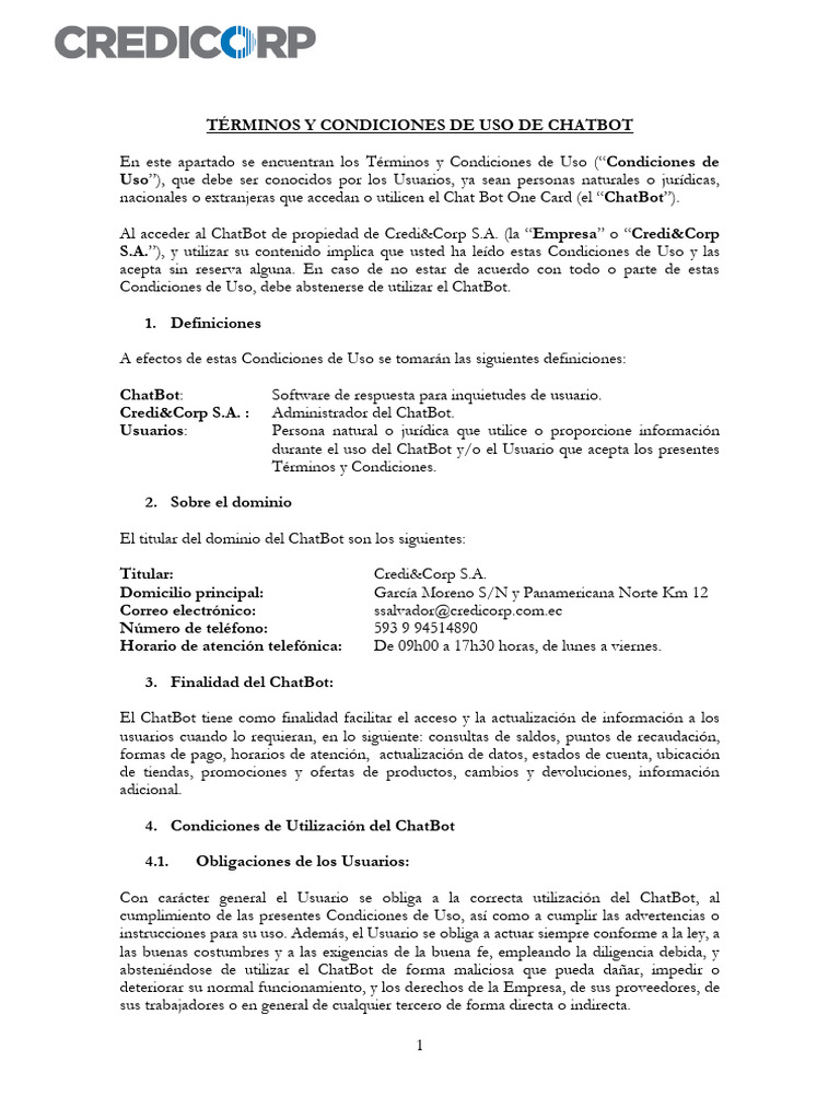 Términos y Condiciones Credicorp - Chat Bot | PDF | Propiedad intelectual | Business