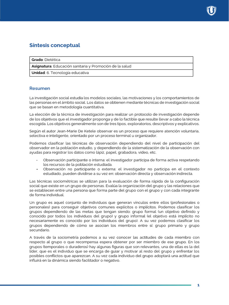 U6 RESUMEN Técnicas de Investigación Social. Características y Aplicaciones | PDF | Cuestionario ...