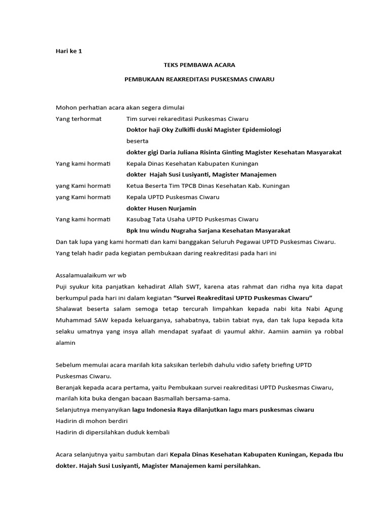 Teks Pembawa Acara Akre Daring PKM Ciwaru 2023 | PDF