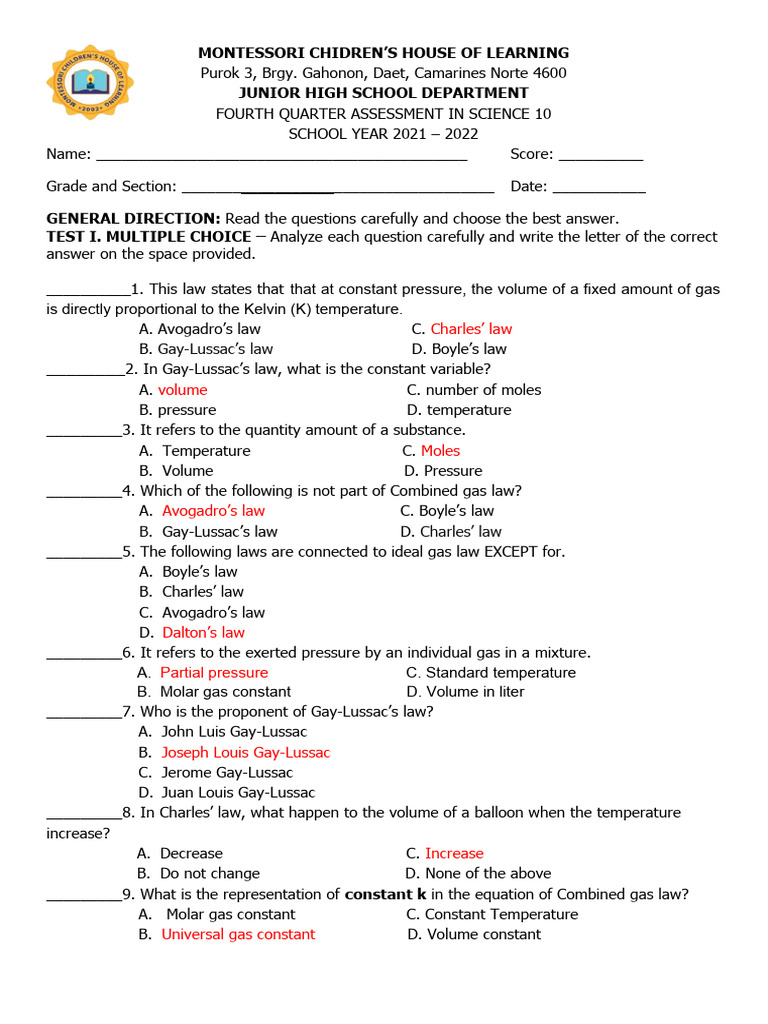 Grade 10 Science 4th Quarter Exam | PDF | Gases | Mole (Unit)