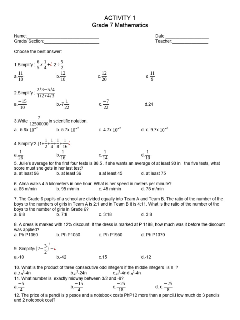 Diagnostic Exam Grade 7 Mathematics | PDF | Numbers | Arithmetic