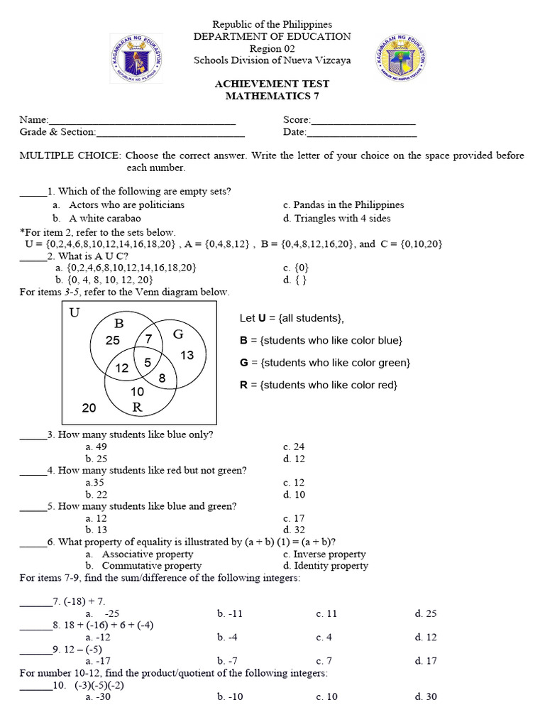 Achievement Test - GRADE 7 | PDF | Angle | Euclidean Geometry