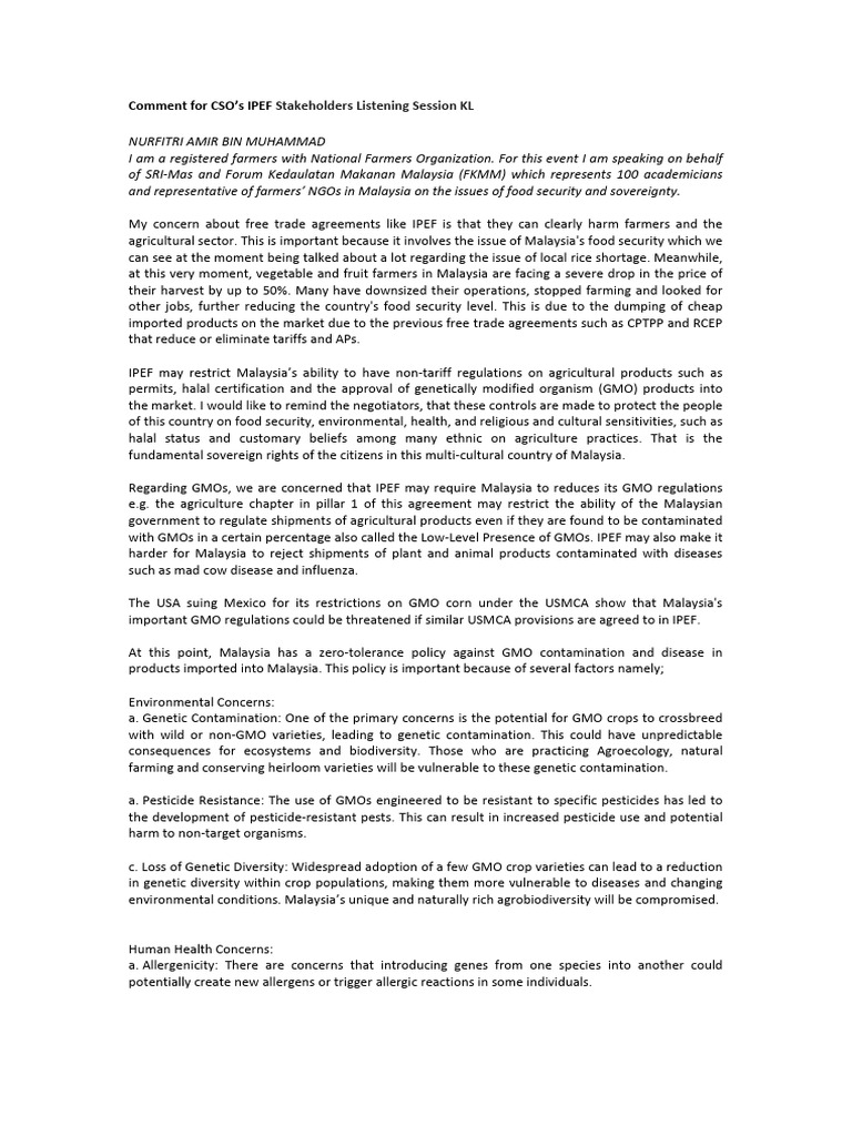 IPEF Comments by FKMM Fitri Amir | PDF | Genetically Modified Organism ...