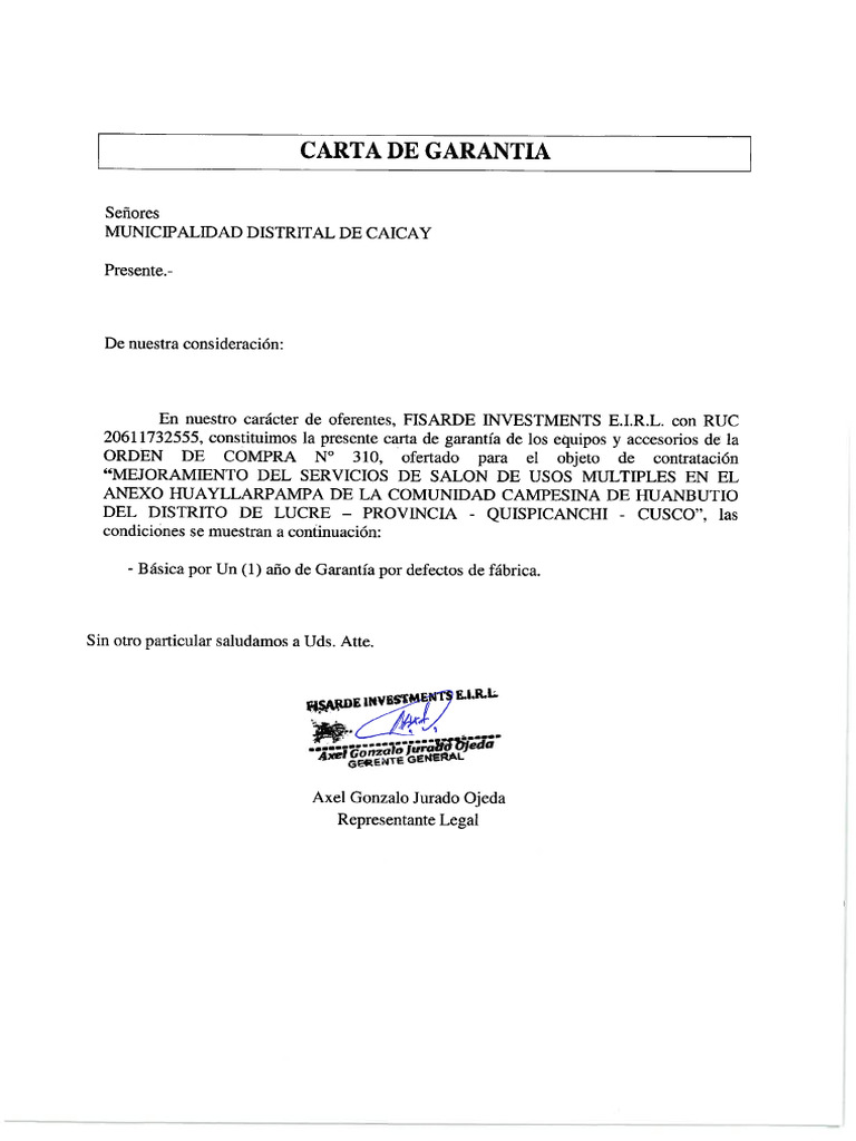 Modelo de Carta de Garantia | PDF