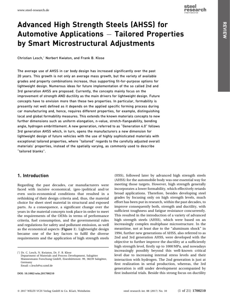 2017 - Advanced High Strength Steels (AHSS) For Automotive Applications ...