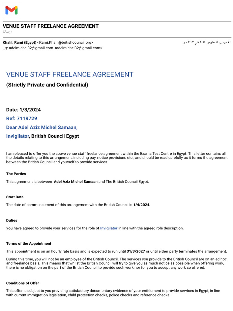 Gmail - VENUE STAFF FREELANCE AGREEMENT | PDF | Justice | Crime & Violence
