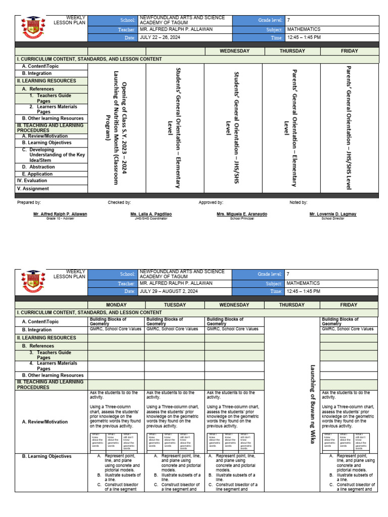 Matatag WLP Math 7 Q1 | PDF | Circle | Line (Geometry)