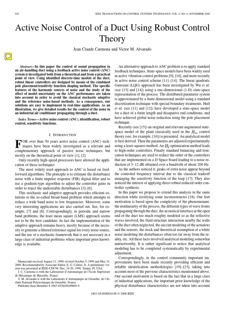 Active Noise Control of A Duct Using Robust Control, JC Carmona, 2000, (9p) | PDF | Control ...