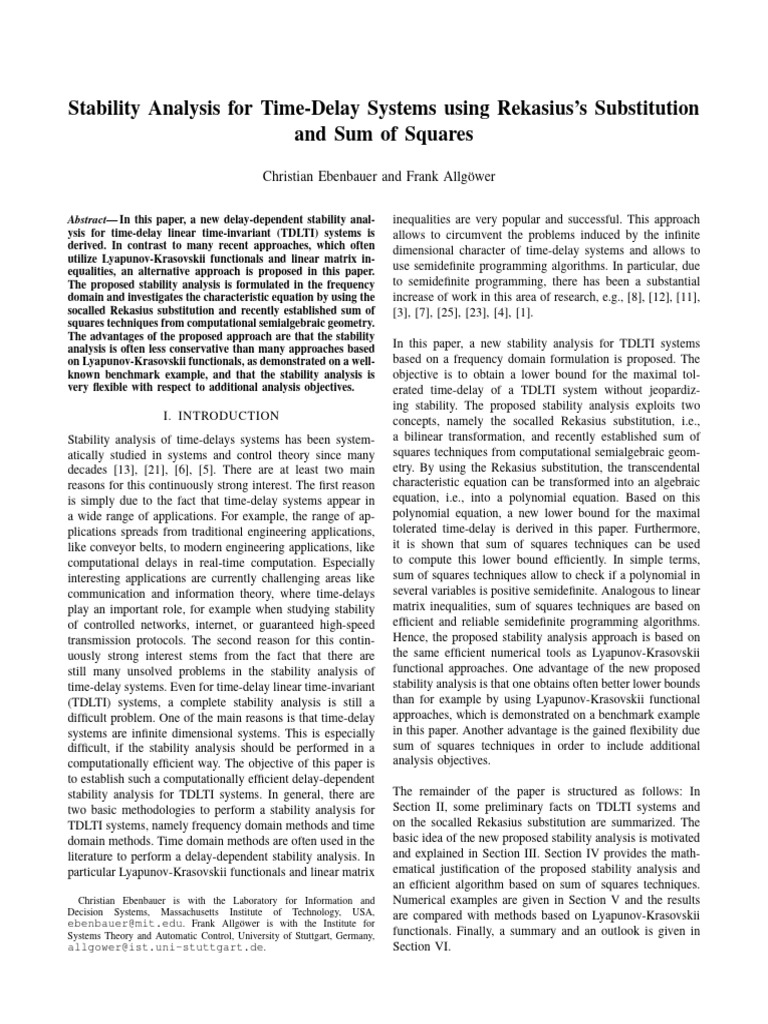 Time-Delay, Stability Analysis, Rekasius's Substitutions, CEbenbauer, 2012, (6p) | PDF ...