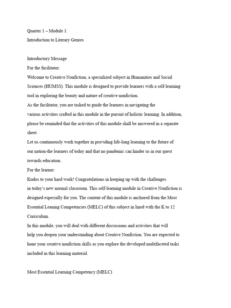 Creative Nonfiction Lesson 1 | PDF | Poetry | Narration