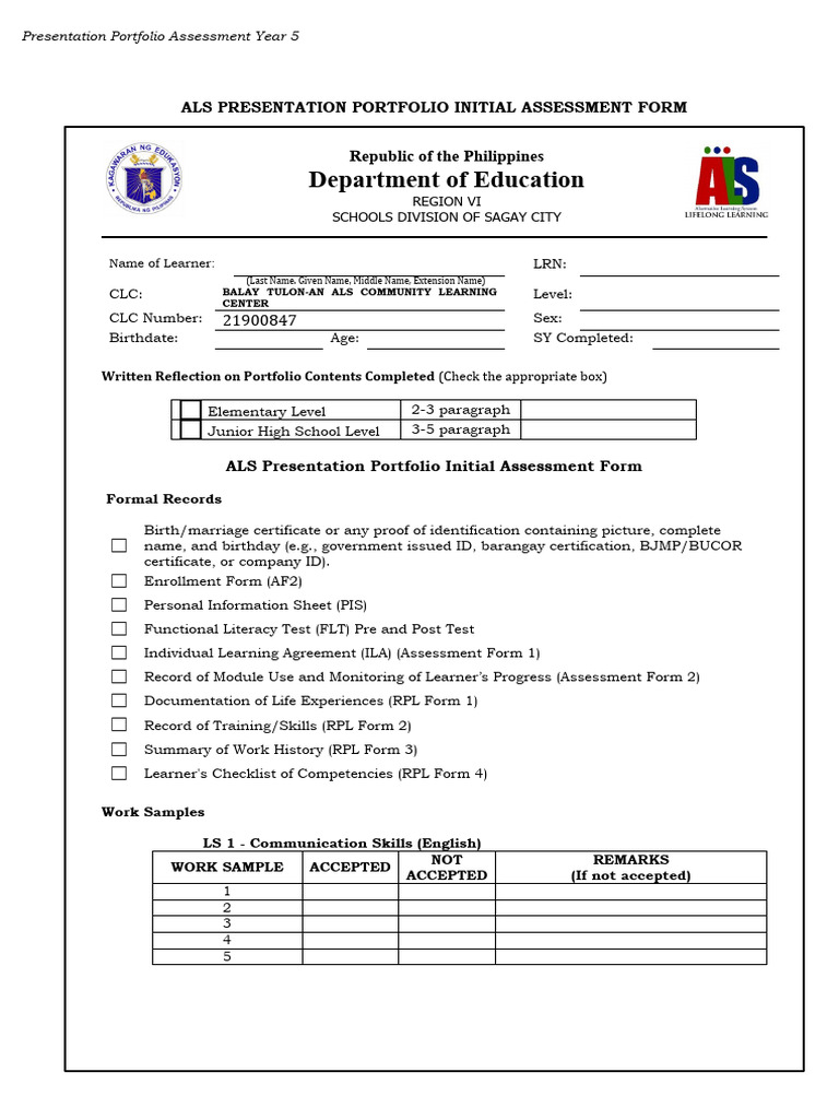 PPA 5 Initial Assessment Form | PDF | Learning | Behavior Modification